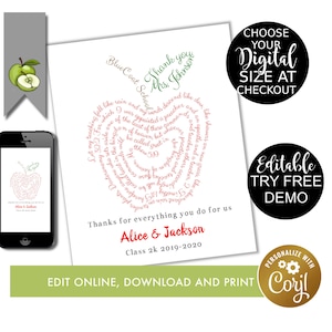 Editable Teacher Printable Word Art Apple, Red Apple, Teacher Gift ...