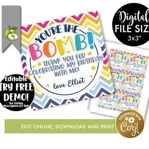 Editable Bath Bomb, You're the Bomb, Birthday Party Tag, Printable ...