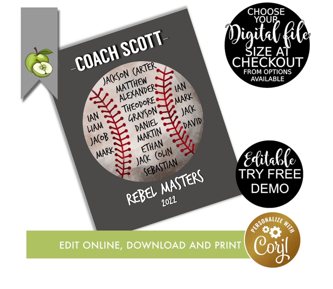 Editable Baseball Coach and Players Gift, Digital Coaches Printable ...