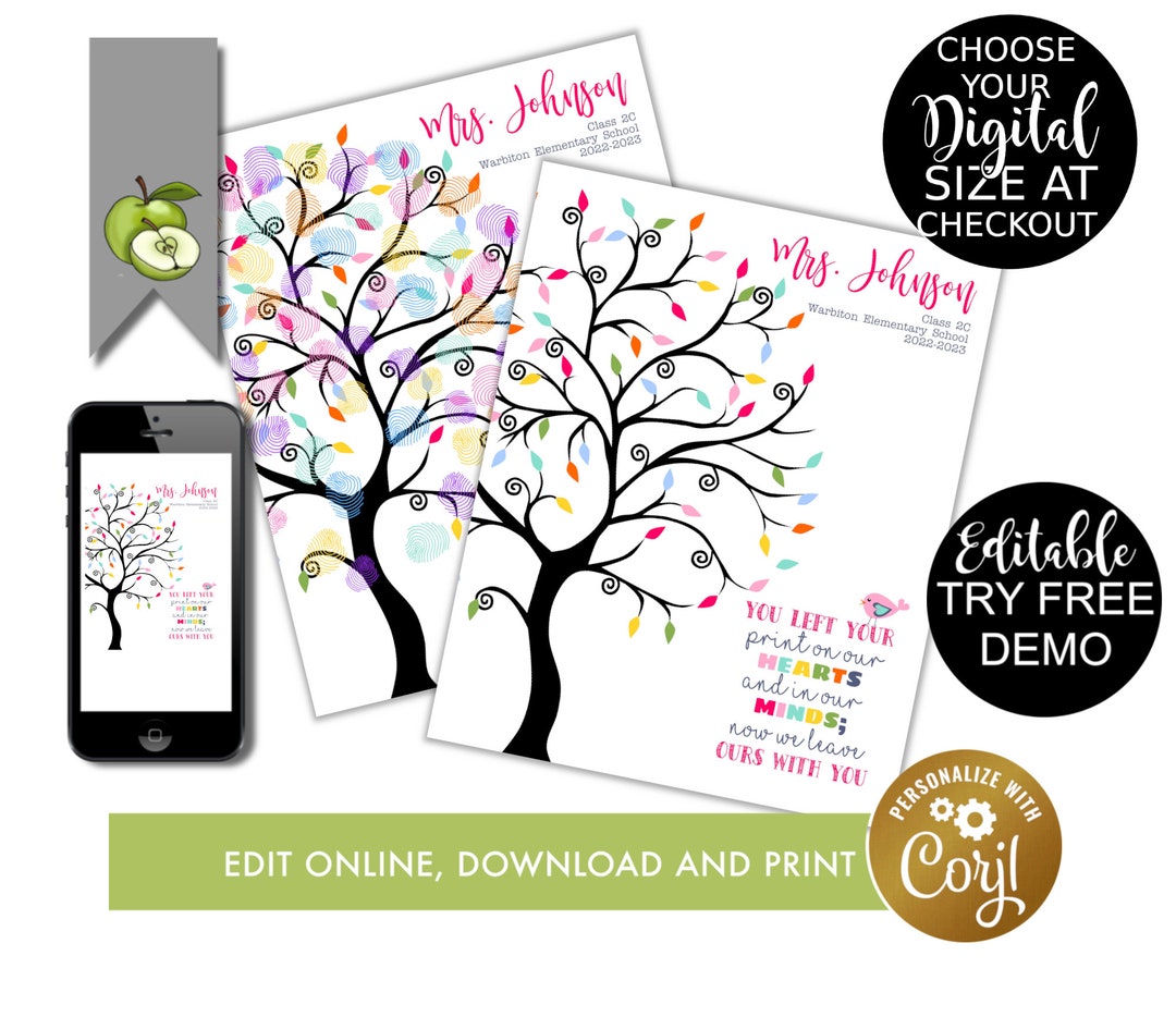 Rainbow Fingerprint Teacher Tree, Editable Tree, Appreciation Gift ...