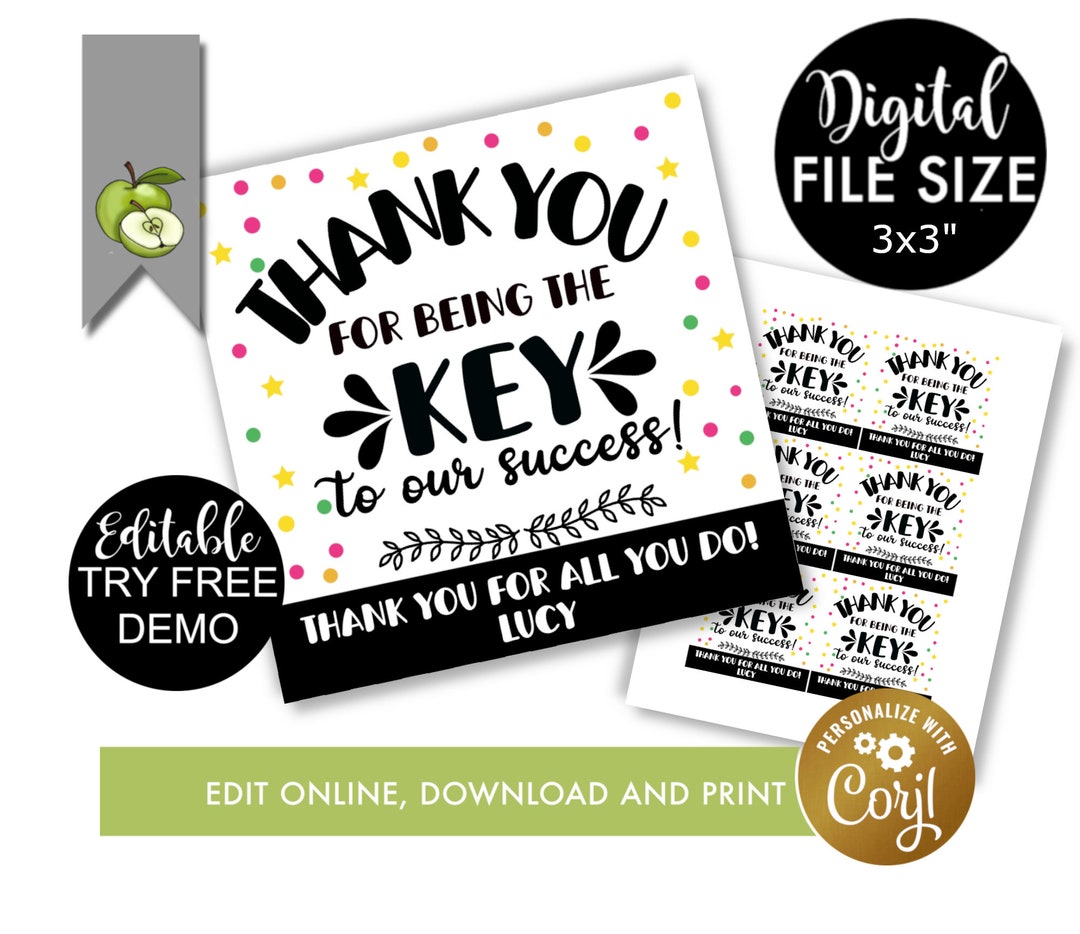 Editable Key to Our Success,employee Gift Tags, Keyring Keychain Tag ...