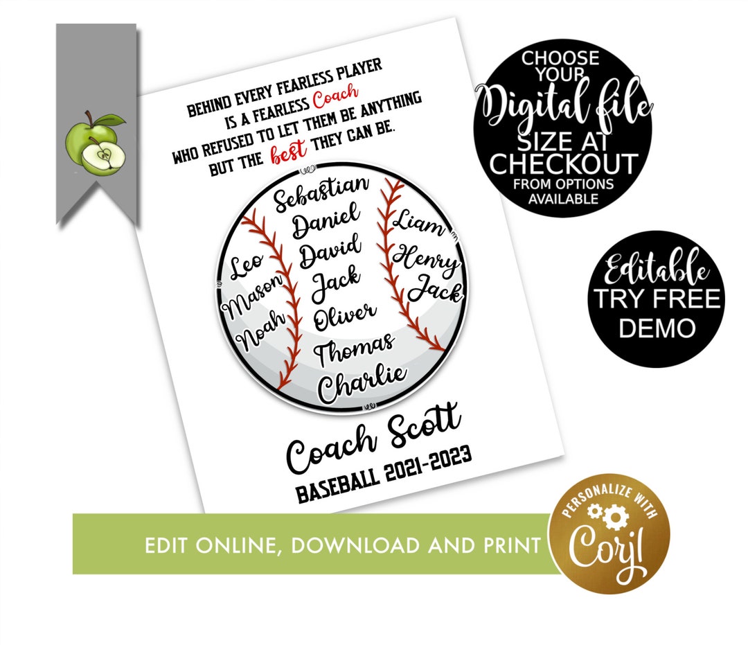 Baseball Coach Thank You Team Gift, Editable, Baseball Printable, Team ...
