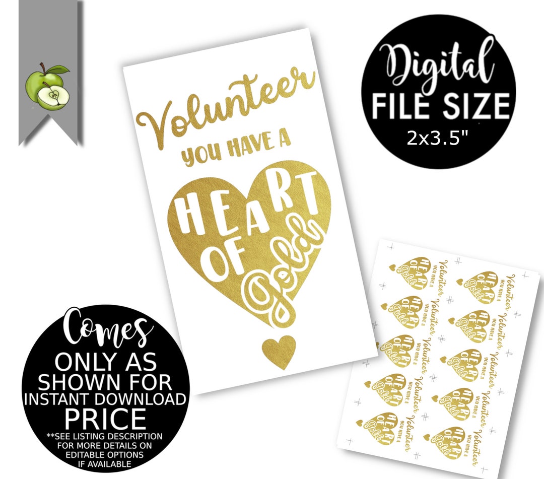 Volunteer You Have a Heart of Gold Gift Tag, Instant Digital Download ...