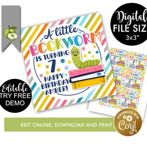 Editable Book Worm Editable Tag, Class Bookworm, Birthday Party ...