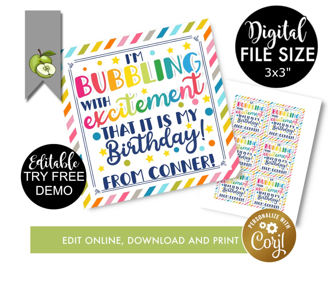 Editable Bubbling With Excitement Party Favor Printable Gift Tag ...