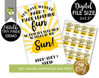 Gift Tags, Summer Sun, Teacher Gift, End of Year Tag, Beach Tote ...