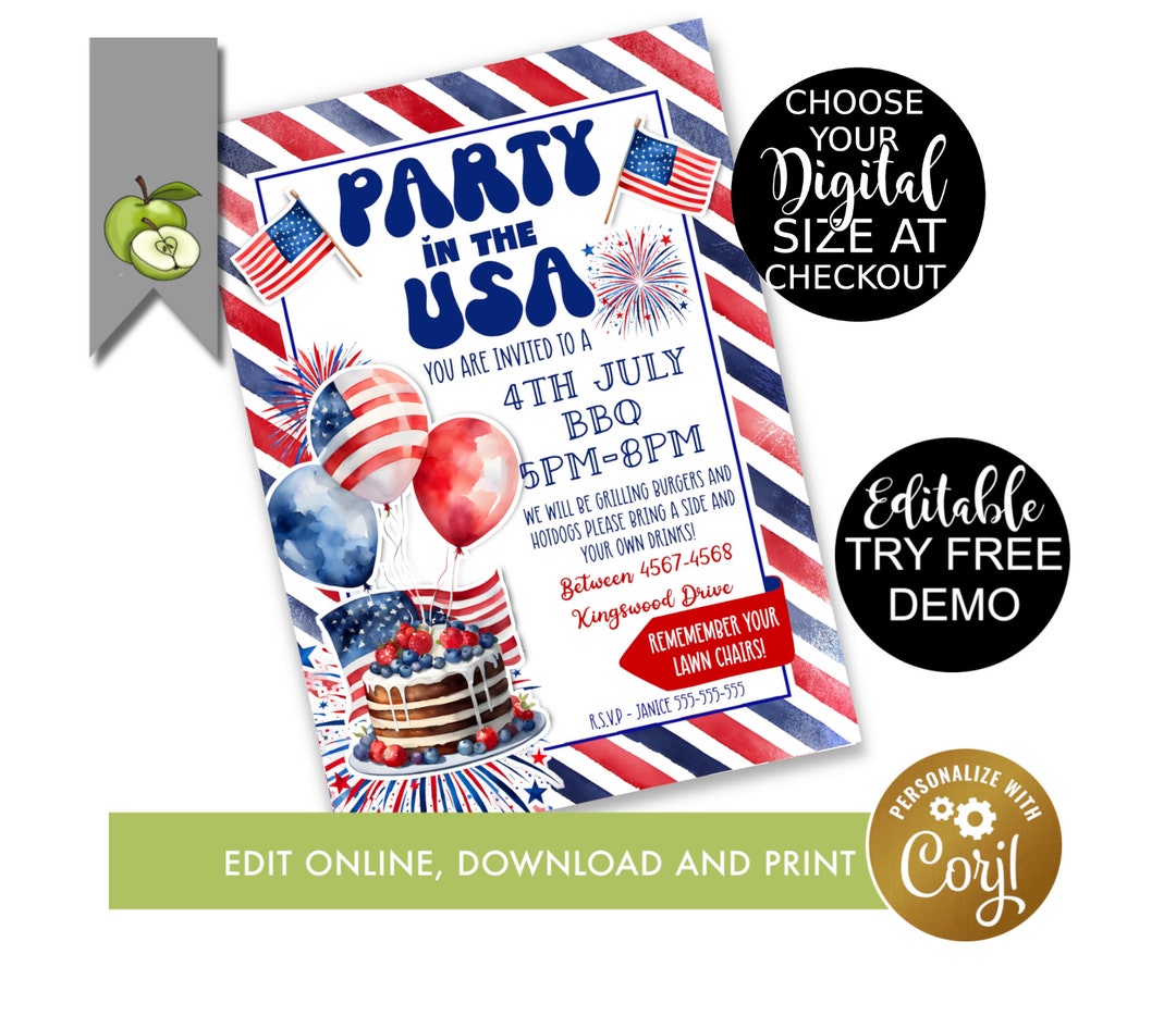 Editable 4th of July Block Party Invitation, Family Barbecue ...