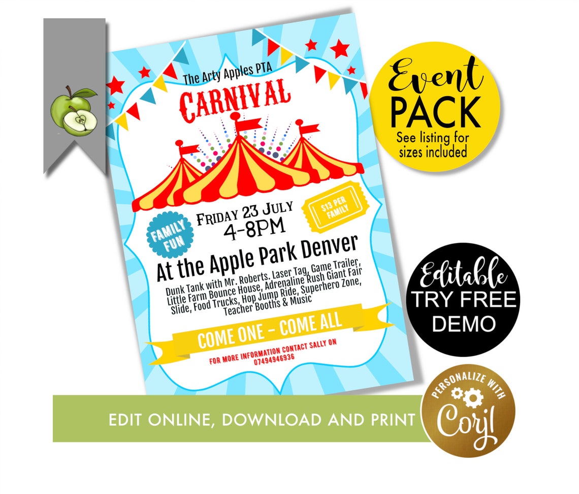 Editable Carnival Flyer Template School PTO PTA Circus Fair | Etsy