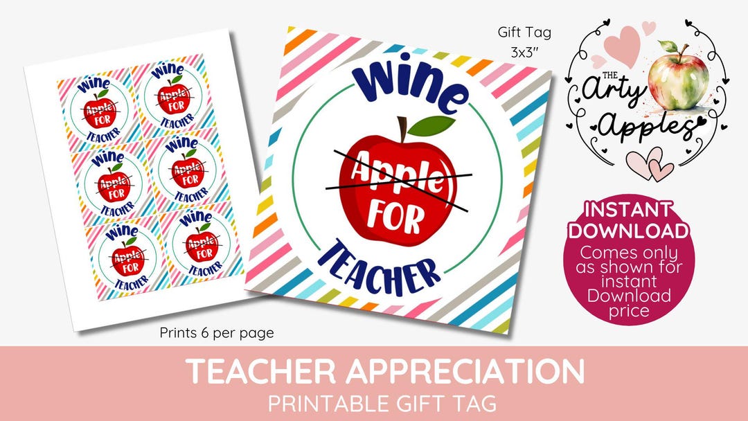 Teacher Wine Gift Tag, Wine for Teacher, Apple for Teacher Gift, End of ...