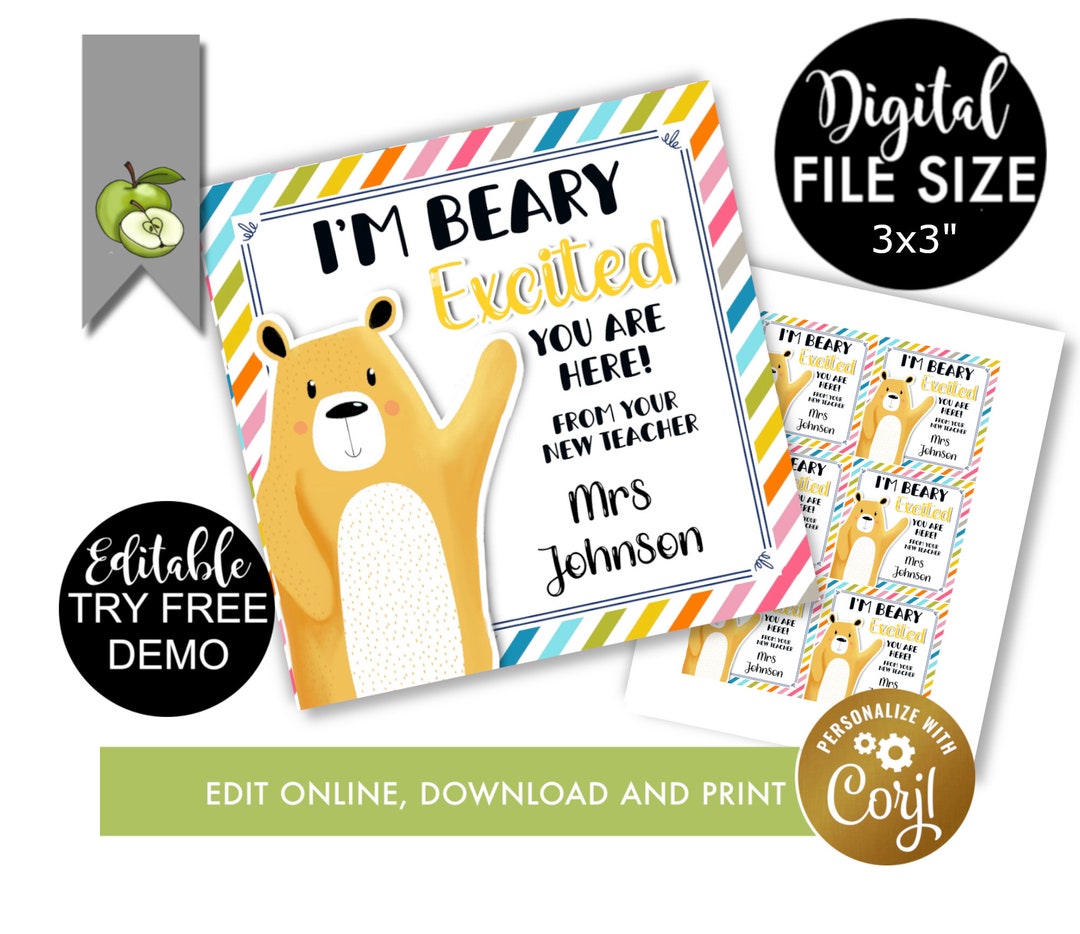 Editable I'm Beary Excited You Are Here, Classmate Tag, Friend Tag ...
