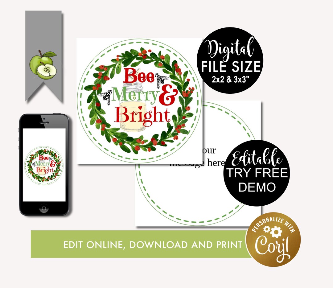 Bee Merry & Bright Honey Editable Gift Tags, Favor Gift Tag, Christmas ...