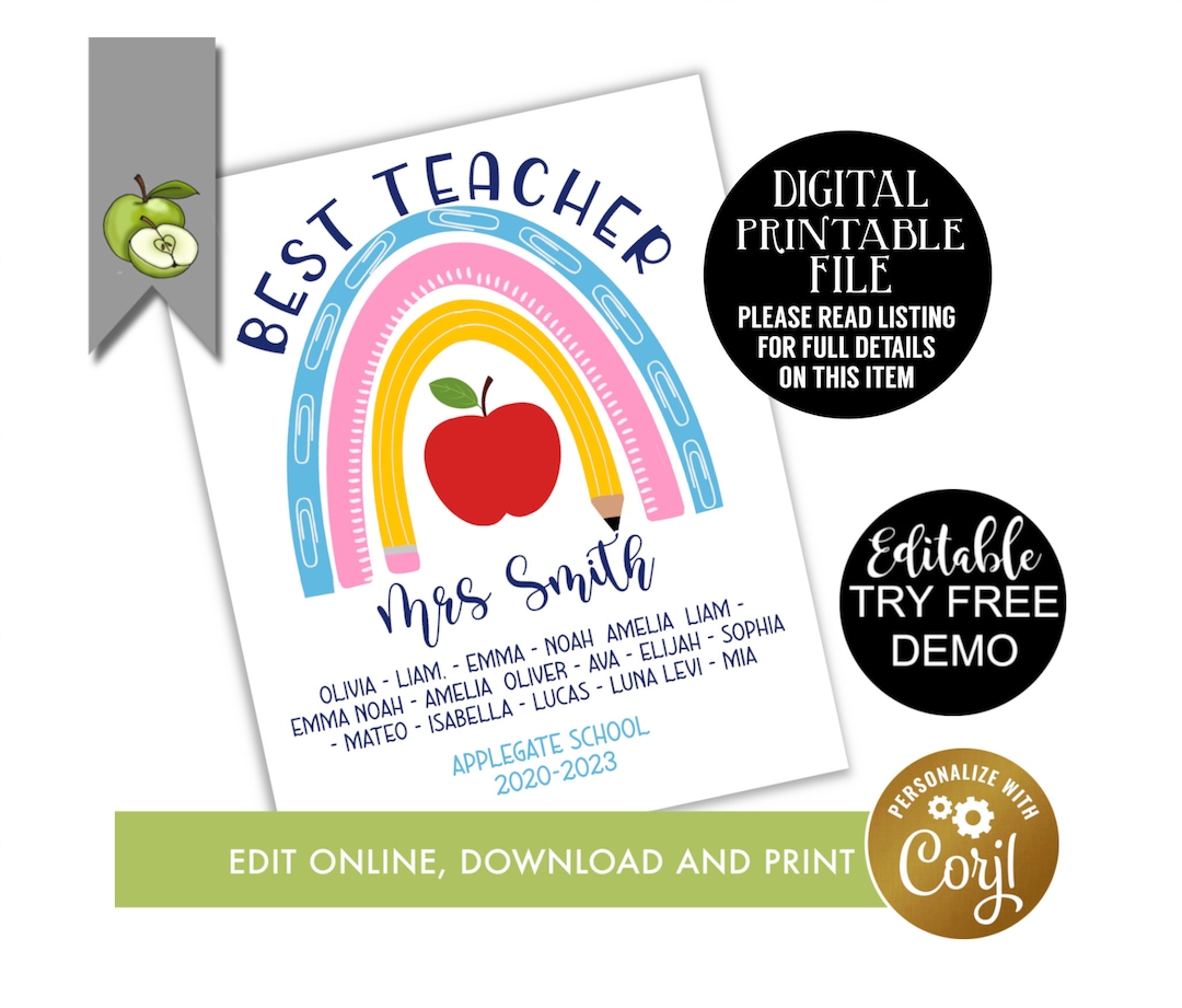 Editable Best Teacher Appreciation Rainbow Class Name Gift ...