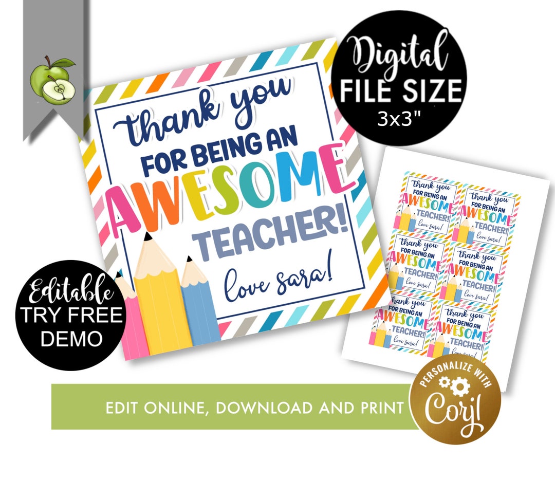 Editable Awesome Teacher Pencil Printable Gift Tag, INSTANT DOWNLOAD ...