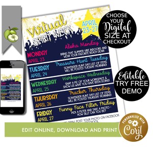 Virtual Spirit Week Schedule, Spirit Week Planner, PTO PTA Fundraiser ...