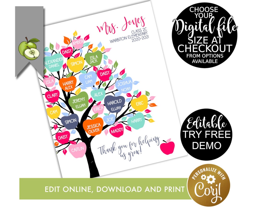 Teacher 24 Apples Class Tree, Editable Digital Download, Thank You ...