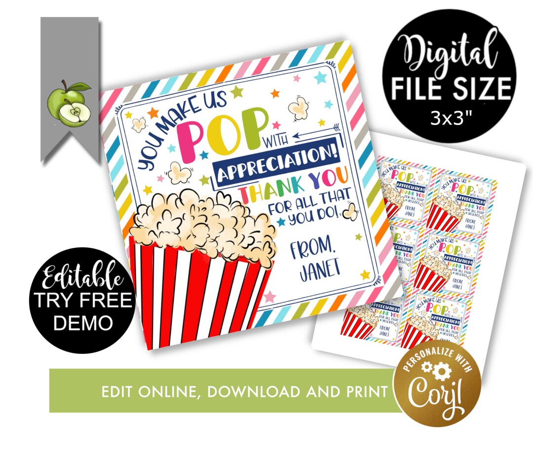 Popcorn Appreciation Gift Tag, You Make Us Pop With Appreciation, Movie ...