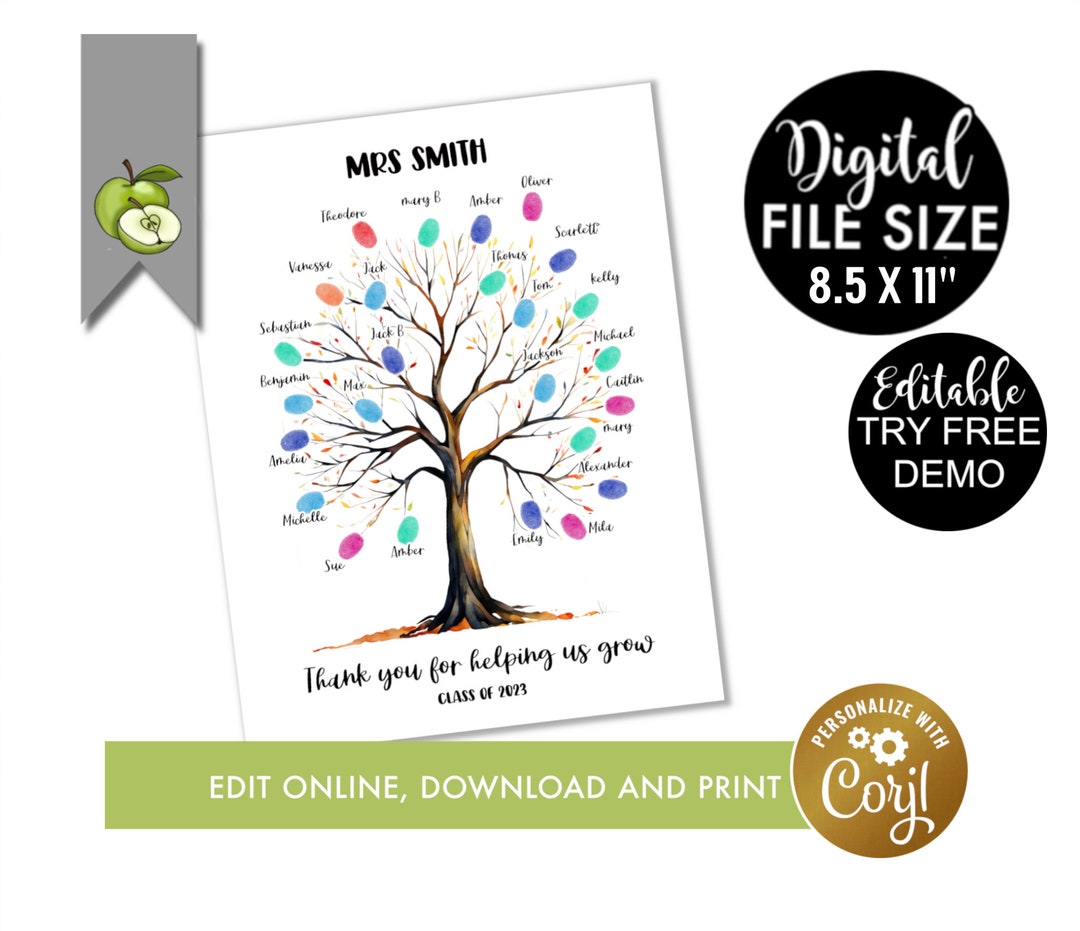 Editable Teacher Appreciation fingerprint tree Gift, end of school year ...