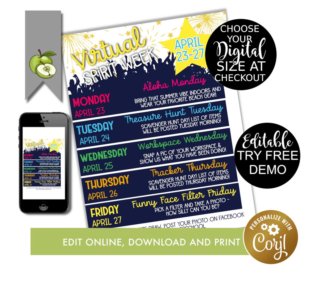 Virtual Spirit Week Schedule Spirit Week Planner PTO PTA | Etsy