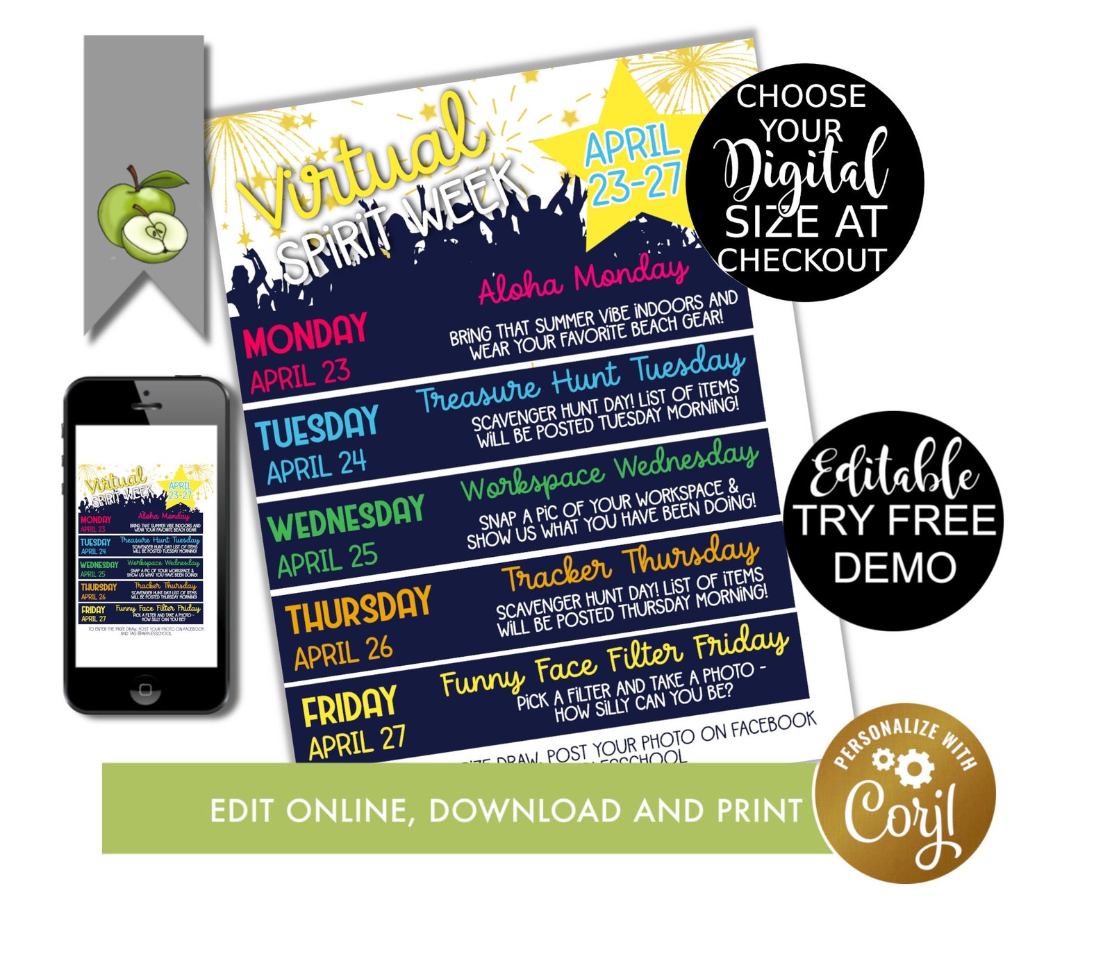 Virtual Spirit Week Schedule Spirit Week Planner PTO PTA | Etsy