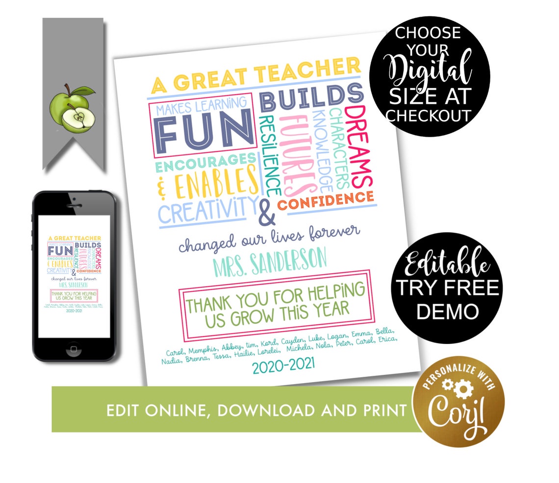 Editable Great Teacher Gift Printable Teacher Gift Add Class - Etsy