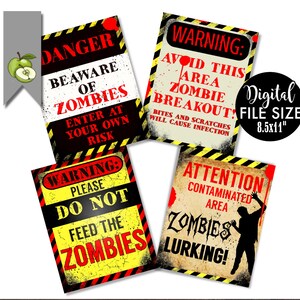Zombie Party Signs, Zombie Signs, Set of Printable Zombie Poster, 8 ...