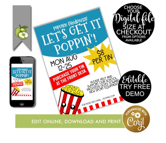 Editable Popcorn Event Printable PTA PTO Flyer Popcorn | Etsy