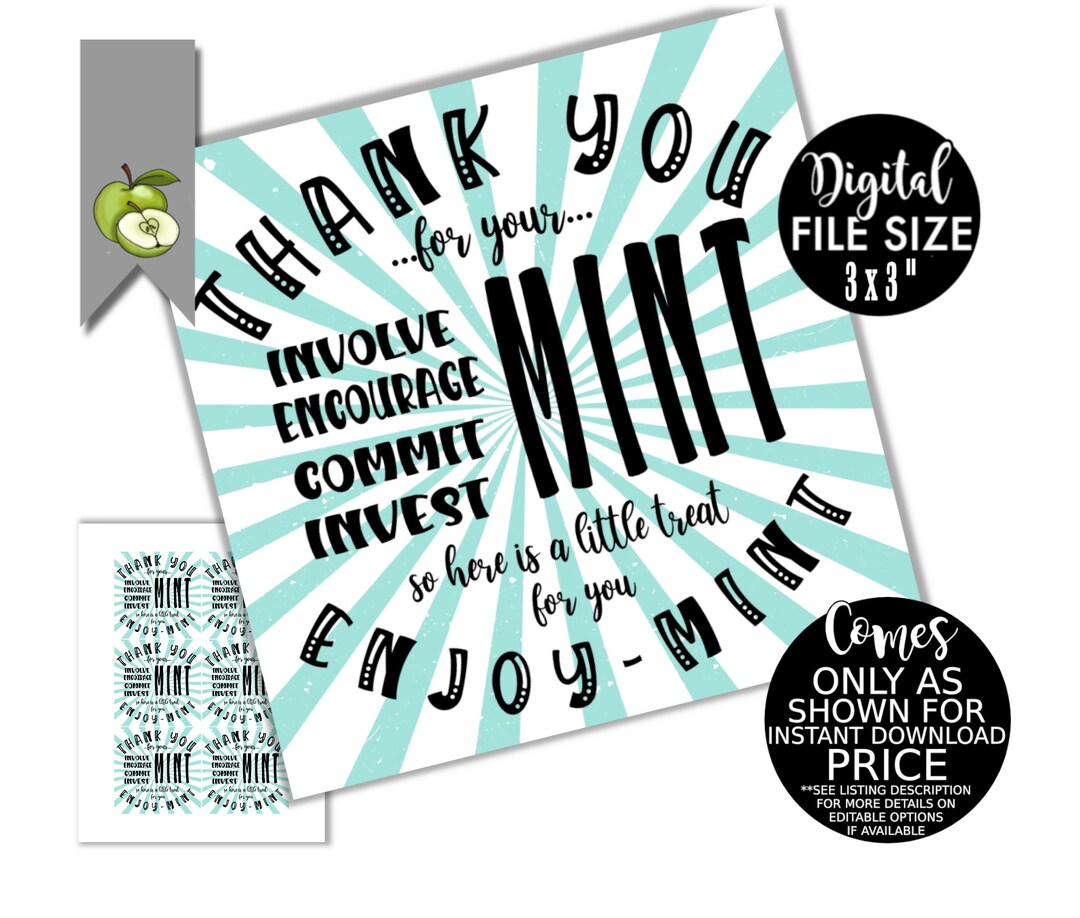 Mint Thank You Tags, Volunteer Mint Labels, Printable, INSTANT, PTA ...