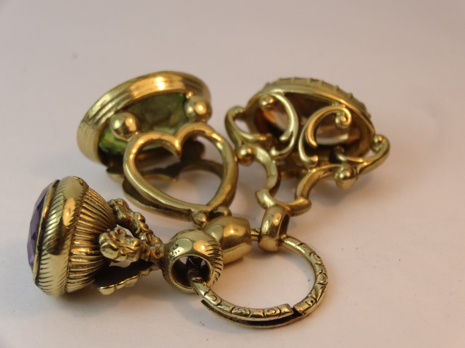 Fob seal charm/pendants set with citrine, peridot and amethyst crystals