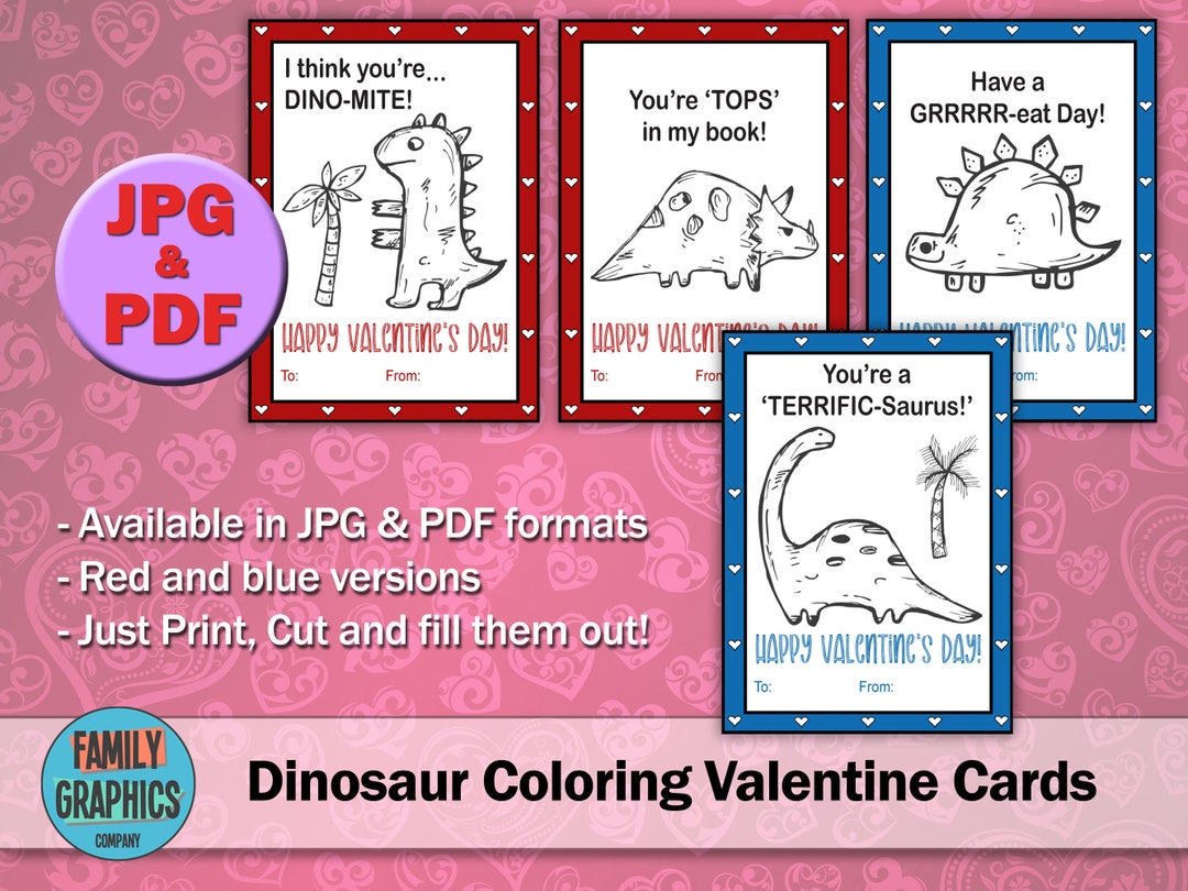 Dinosaur Valentine Cards for Classroom Valentine Exchange, Coloring ...