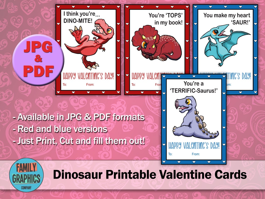 Dinosaur Valentine Cards for Classroom Valentine Exchange, Printable ...