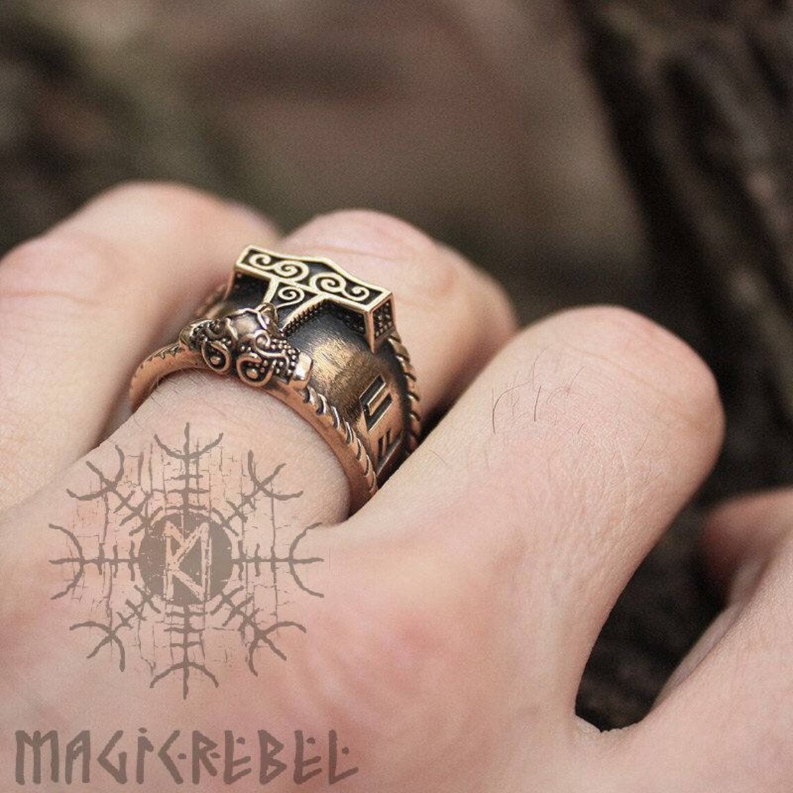 Viking Ring Bronze AUJA Good Luck Runes Mjolnir Thor Hammer - Etsy