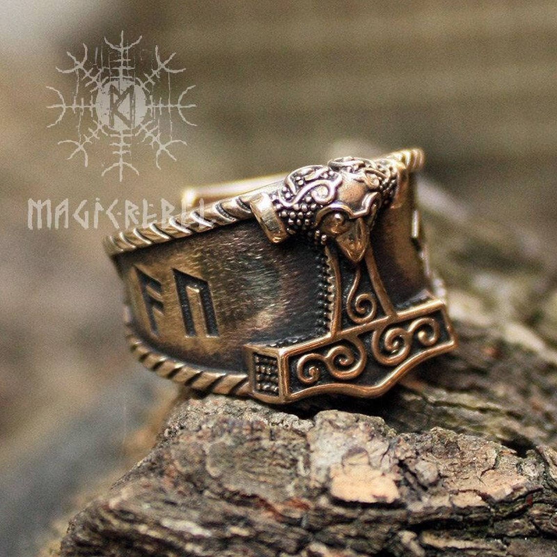 Viking Ring Bronze AUJA Good Luck Runes Mjolnir Thor Hammer - Etsy
