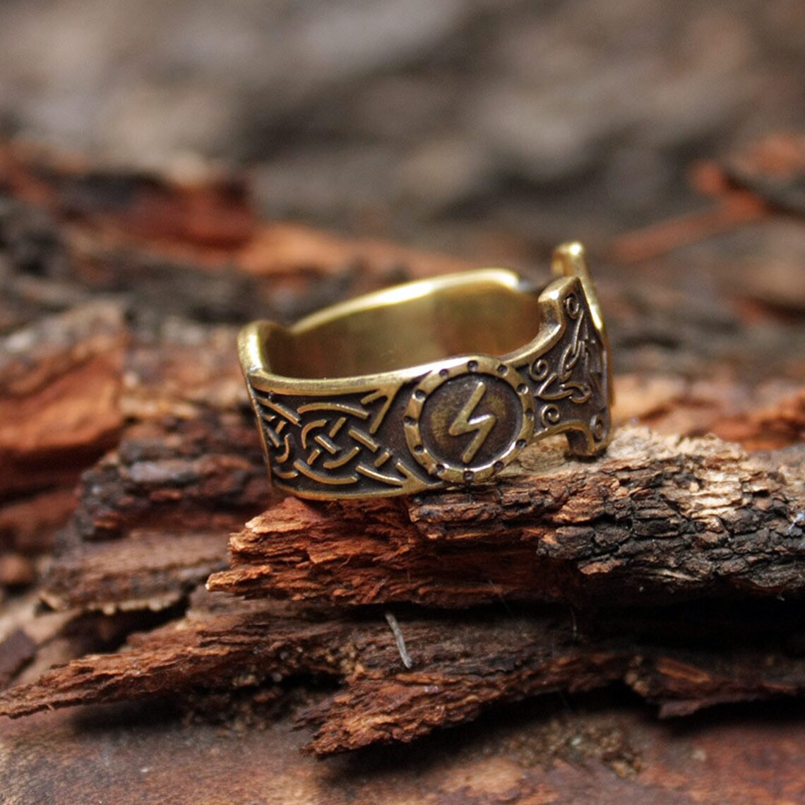 Viking Ring Tiwaz Sowilo Runes Mjolnir Thor Hammer Bronze Amulet Runic ...