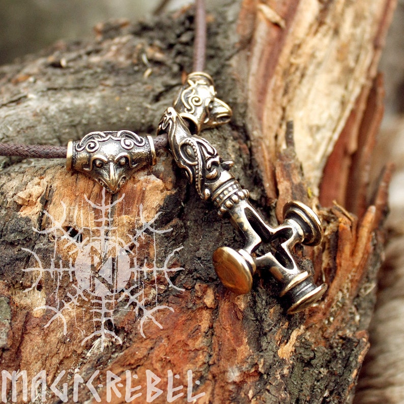 Mjolnir Thor Hammer Olaf Cross Wolf Ravens Bronze Pendant Handmade ...