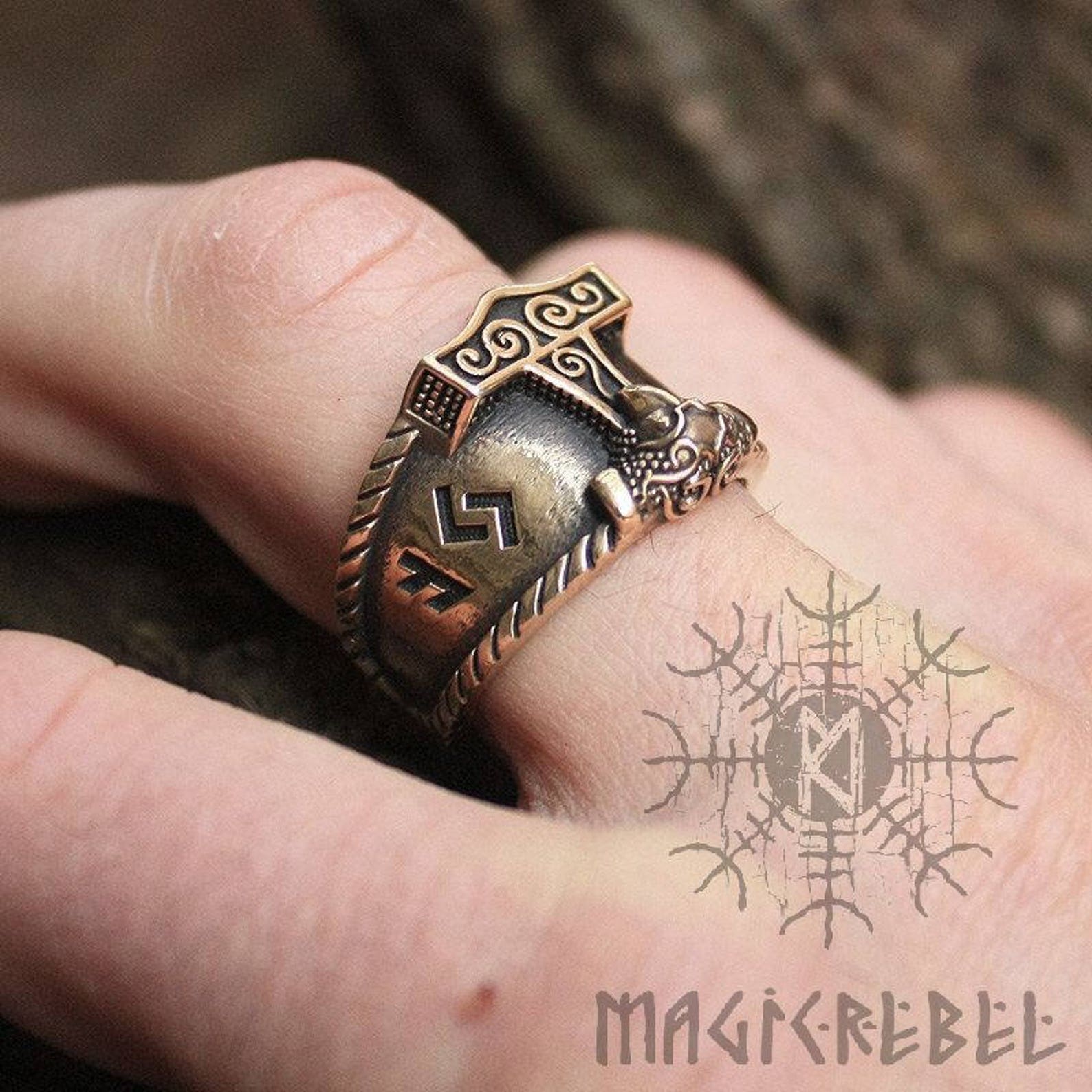 Viking Ring Bronze AUJA Good Luck Runes Mjolnir Thor Hammer - Etsy