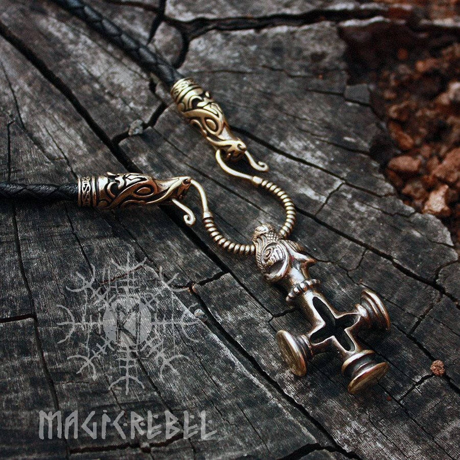 Mjolnir Thor Hammer Olaf Cross Wolf Bronze Pendant Handmade Genuine ...