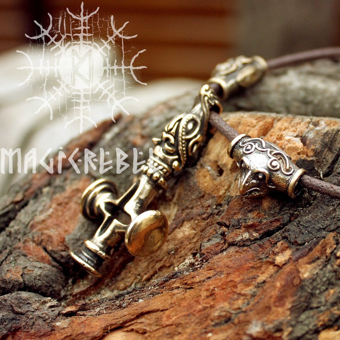 Mjolnir Thor Hammer Olaf Cross Wolf Ravens Bronze Pendant Handmade ...