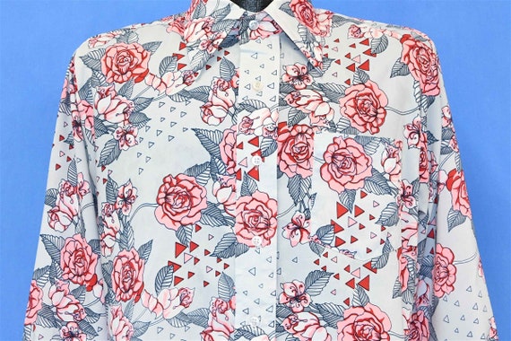 70s Cascade Neon Pink Roses Floral Pattern Gray Polye… - Gem