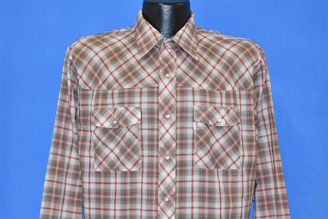 70s Levis Western Cowboy Red Gray Plaid Pearl Snap Shirt Large Vintage ...