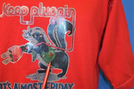80s Keep Pluggin Its Almost Friday Iron-On Skunk Top … - Gem