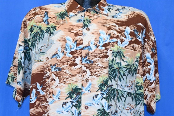 80s Palm Tree Ocean Wave Birds Beach Scene Rayon Aloh… - Gem