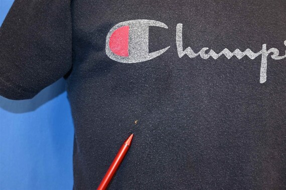 80s Champion Script Logo Black Faded Work Out Half t-… - Gem