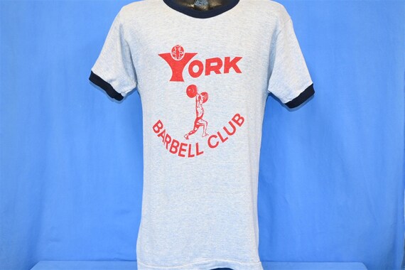 70s York Barbell Club Champion Blue Bar Ringer t-shir… - Gem