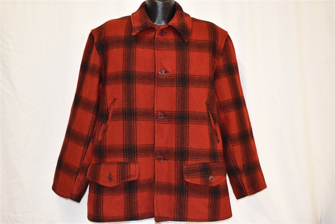 50s JC Higgins Sears Red Black Plaid Check Wool Field Coat | Etsy