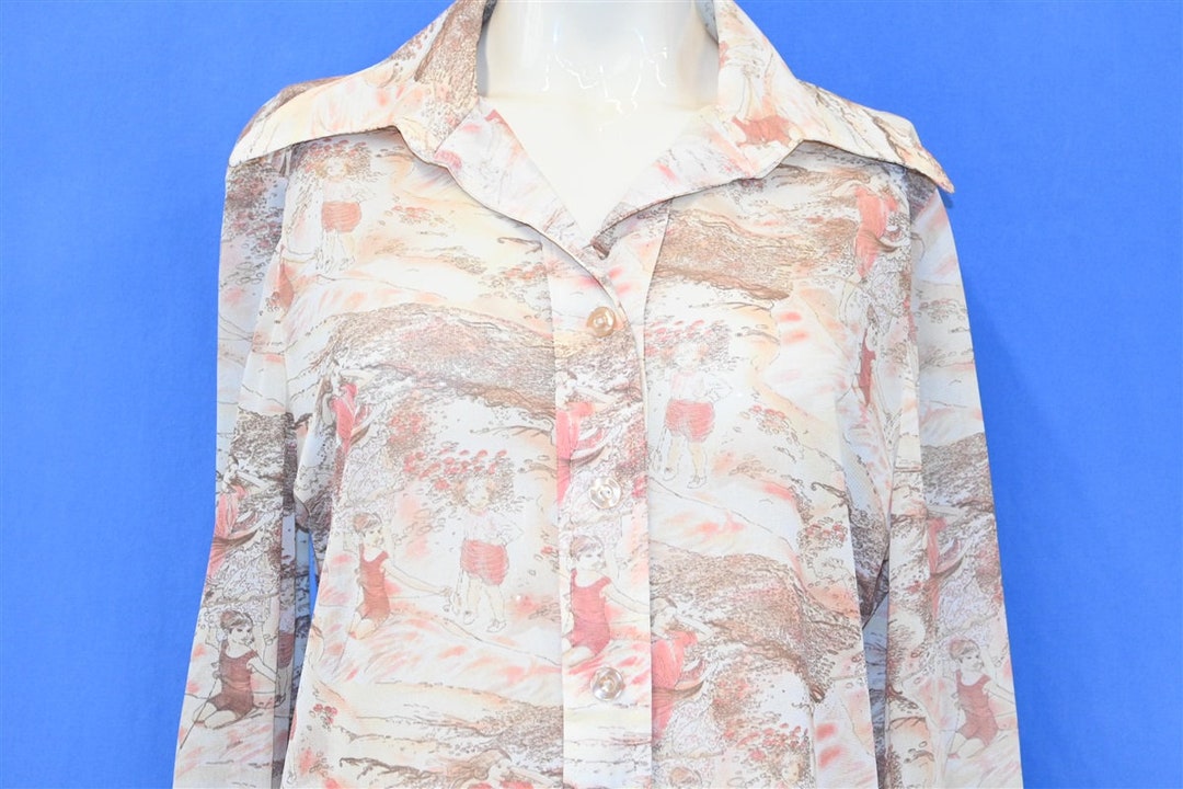 70s Watercolor Scene Translucent Button Down Big Collar Disco Shirt ...