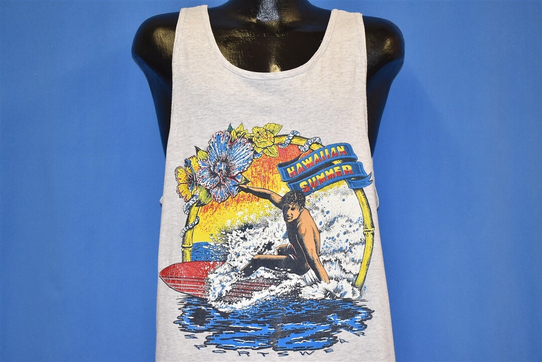 90s Hawaiian Summer Surf Tank Top Wave Hibiscus Flower Sunset T-shirt ...