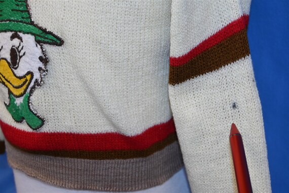 70s Duck Embroidered Patch Brown Striped Pullover Swe… - Gem