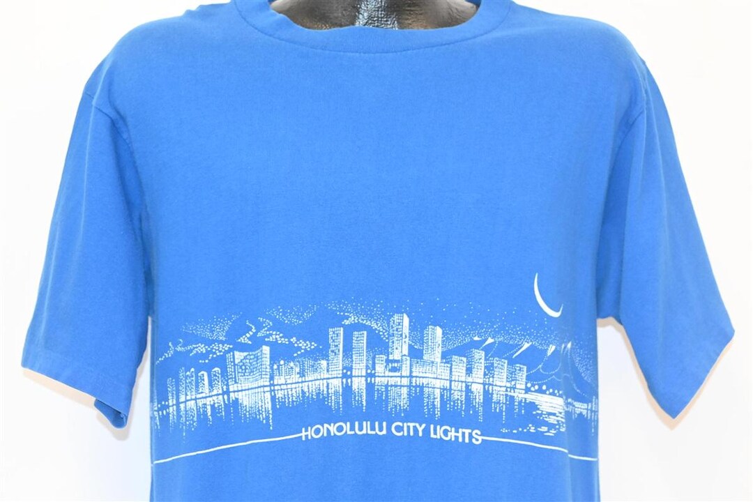 80s Honolulu City Lights Crazy Shirts Hawaii Cityscape Blue T-shirt ...