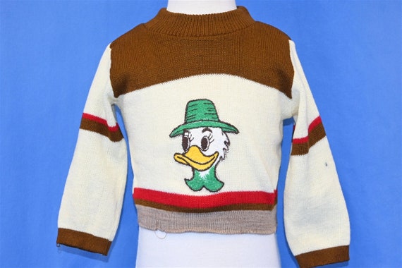 70s Duck Embroidered Patch Brown Striped Pullover Swe… - Gem