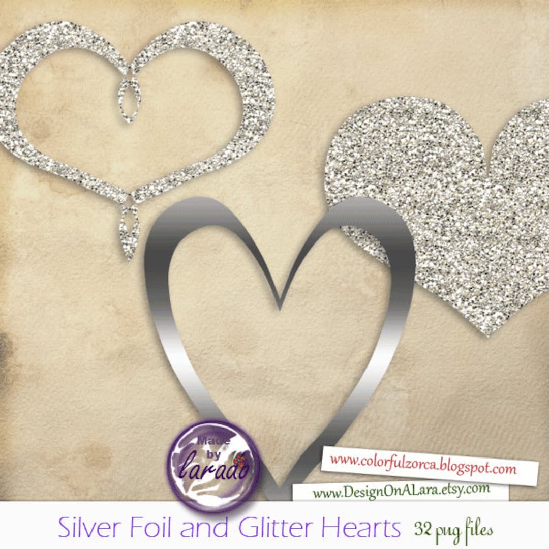 Silver Foil and Glitter Hearts Clipart, Silver Glitter Valentines ...